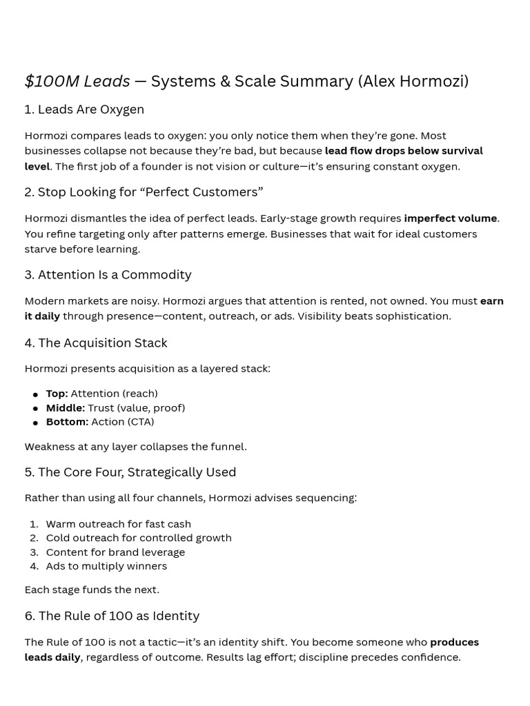 $100M Leads — Systems & Scale Summary (Alex Hormozi) | PDF