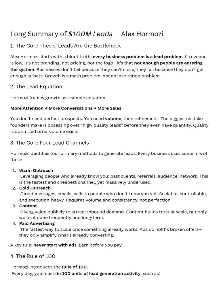 Long Summary of $100M Leads — Alex Hormozi | PDF | Business