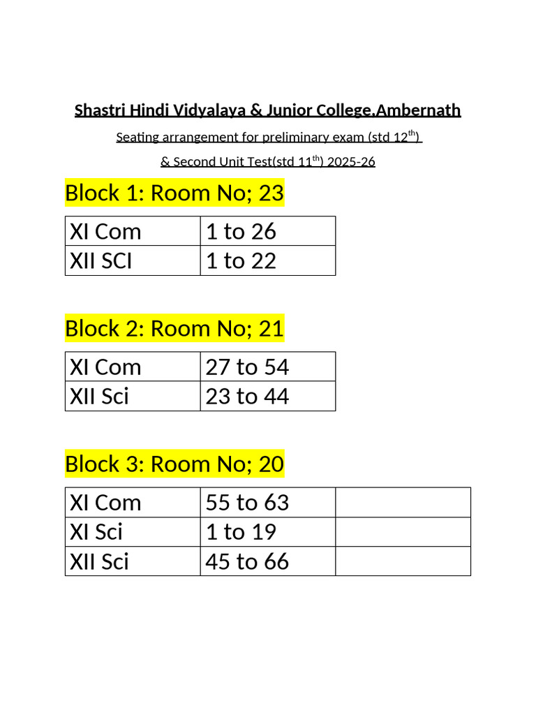 Exam Seating Arrangement 2025-26 | PDF