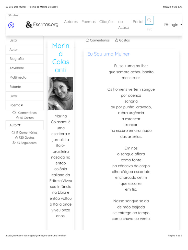 Eu Sou Uma Mulher - Poema de Marina Colasanti | PDF