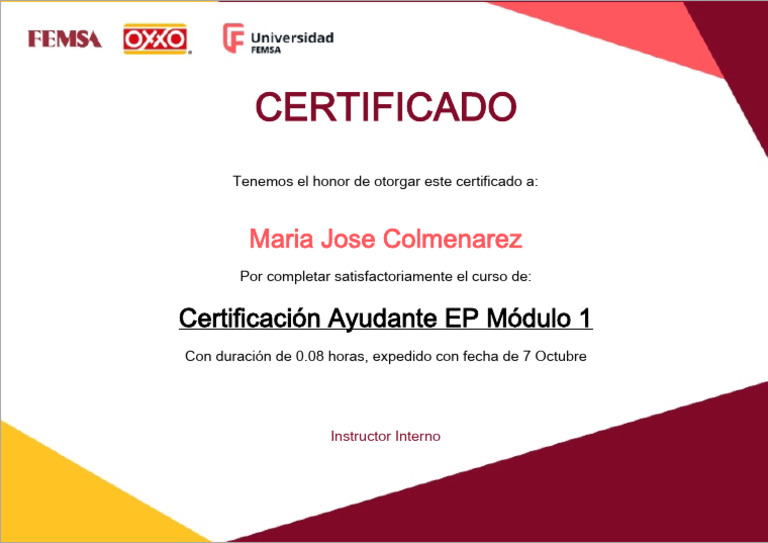 Certificado Curso Ayudante EP Módulo 1 | PDF