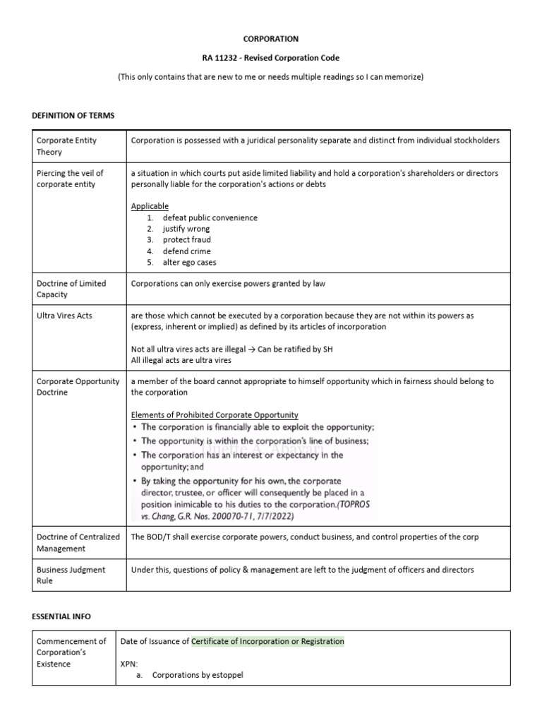 Key Concepts of the Revised Corporation Code | PDF | Securities ...