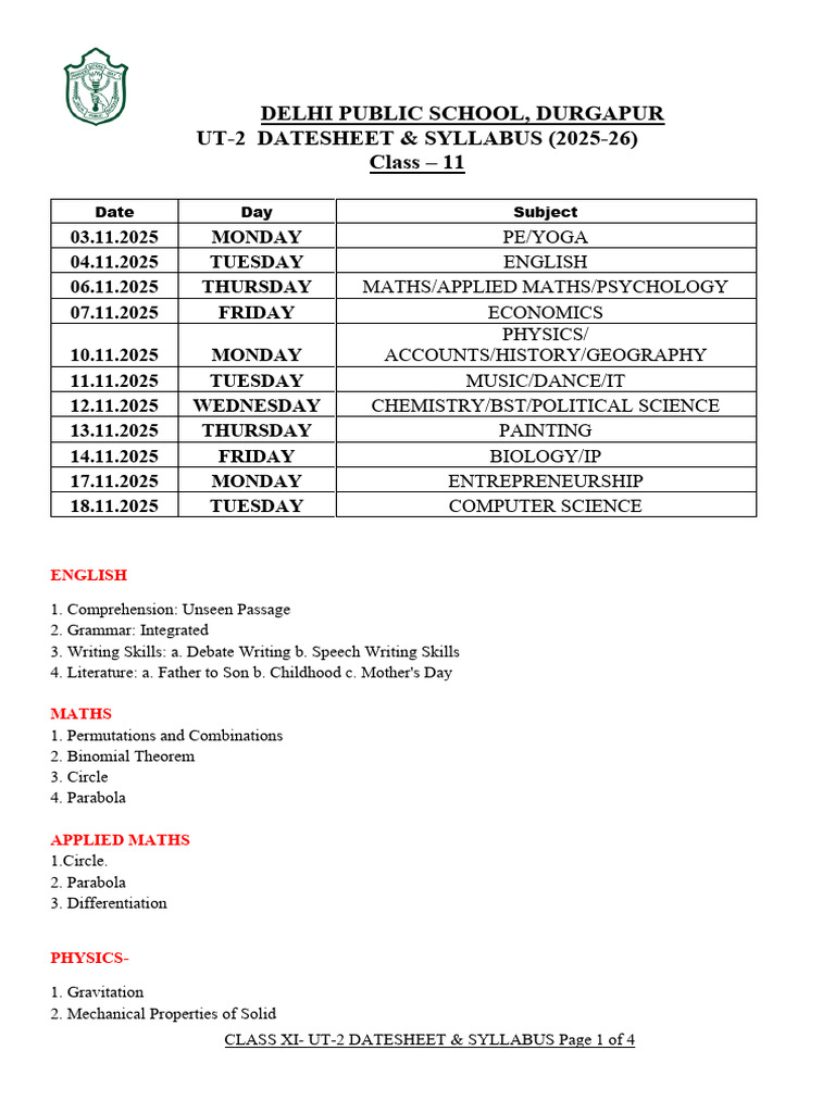 Class 11 Ut-2 Date Sheet & Syllabus | PDF | Fluid