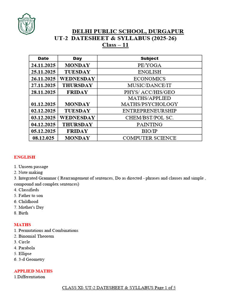 Class 11 Ut-2 Date Sheet & Syllabus | PDF | Mathematics
