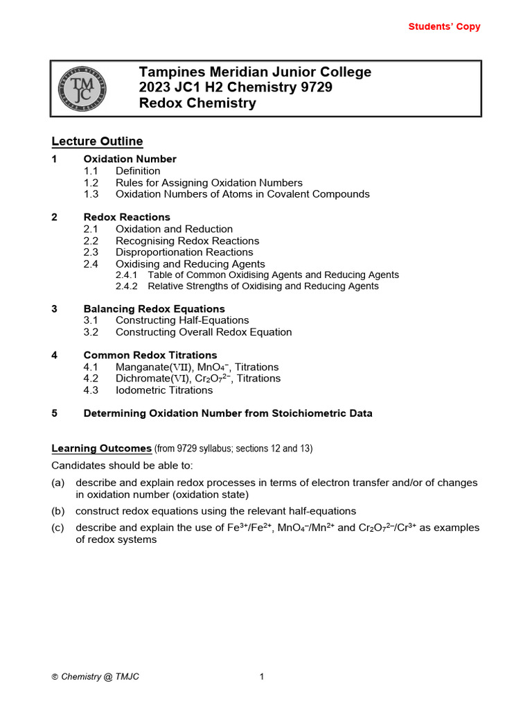 Redox Chemistry: Oxidation Numbers Guide | PDF | Redox | Chemical Bond