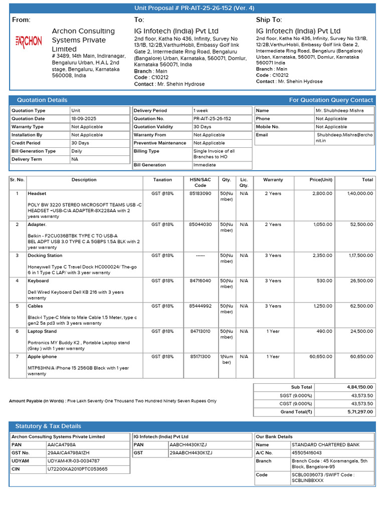 IG Infotech - Accessories - Unit Sales Quote - 18-09-2025 | PDF