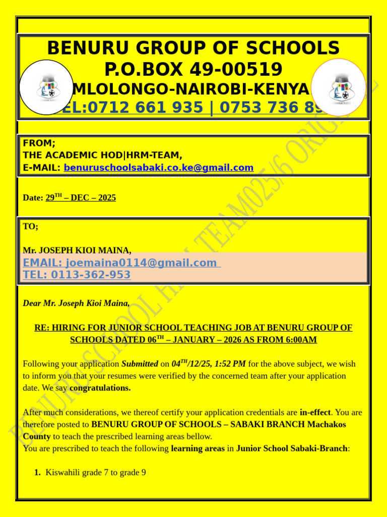 Junior School Teaching Job Offer at Benuru | PDF