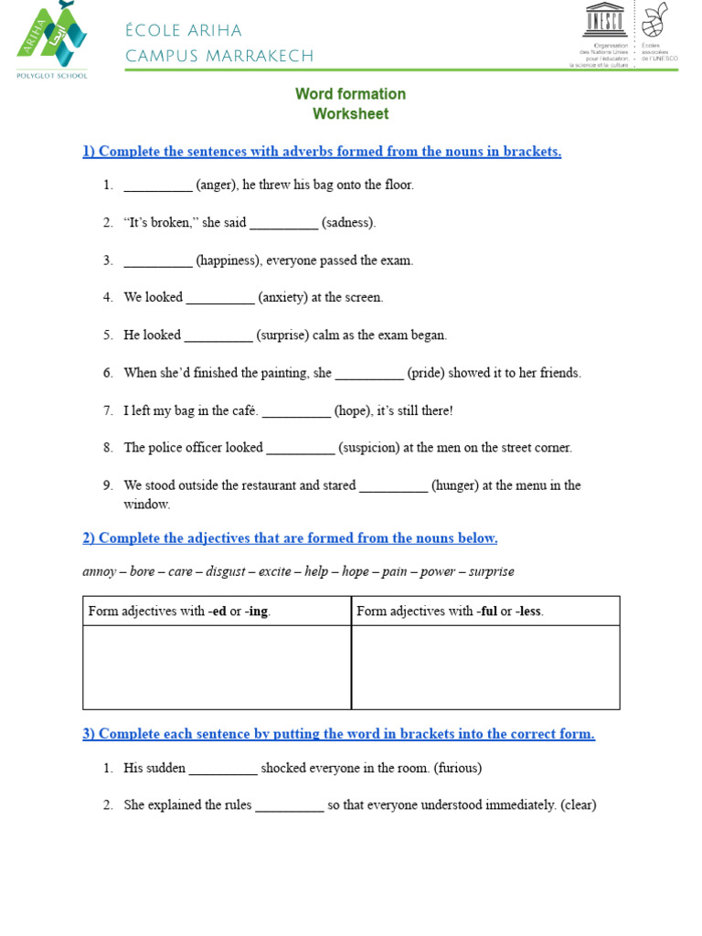 Word Formation Worksheet for Adverbs and Adjectives | PDF