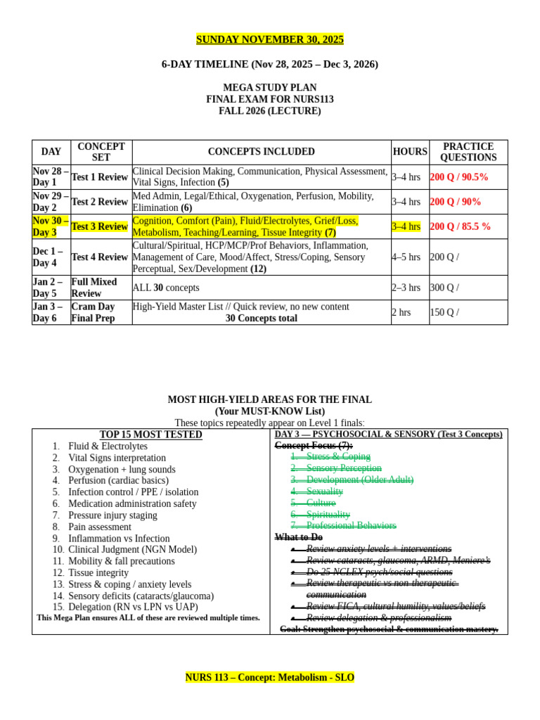 Mega Study Plan For Final Exam For Nurs113 Test 3 | PDF | Wound | Pain