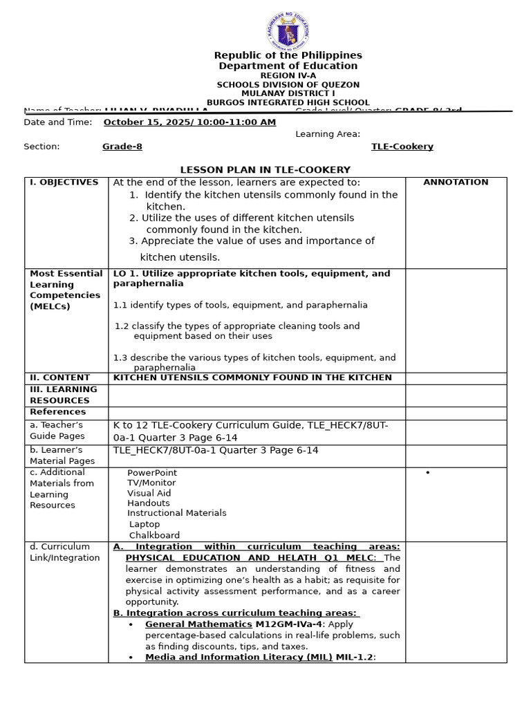 Grade 8 TLE Cookery Lesson Plan | PDF | Teachers | Learning