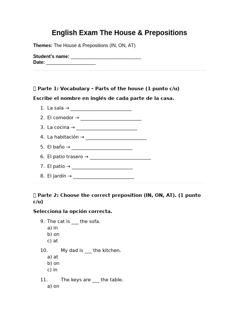 Examen de inglés: Casa y preposiciones | PDF