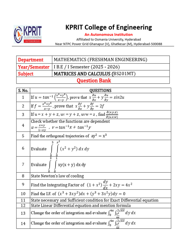 Matrices and Calculus -- Qb 2025-26 Mid 2 | PDF | Matrix (Mathematics ...