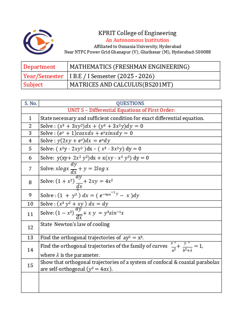 Matrices and Calculus - Unit 5 - Assignment (Be r24 ) (2) | PDF