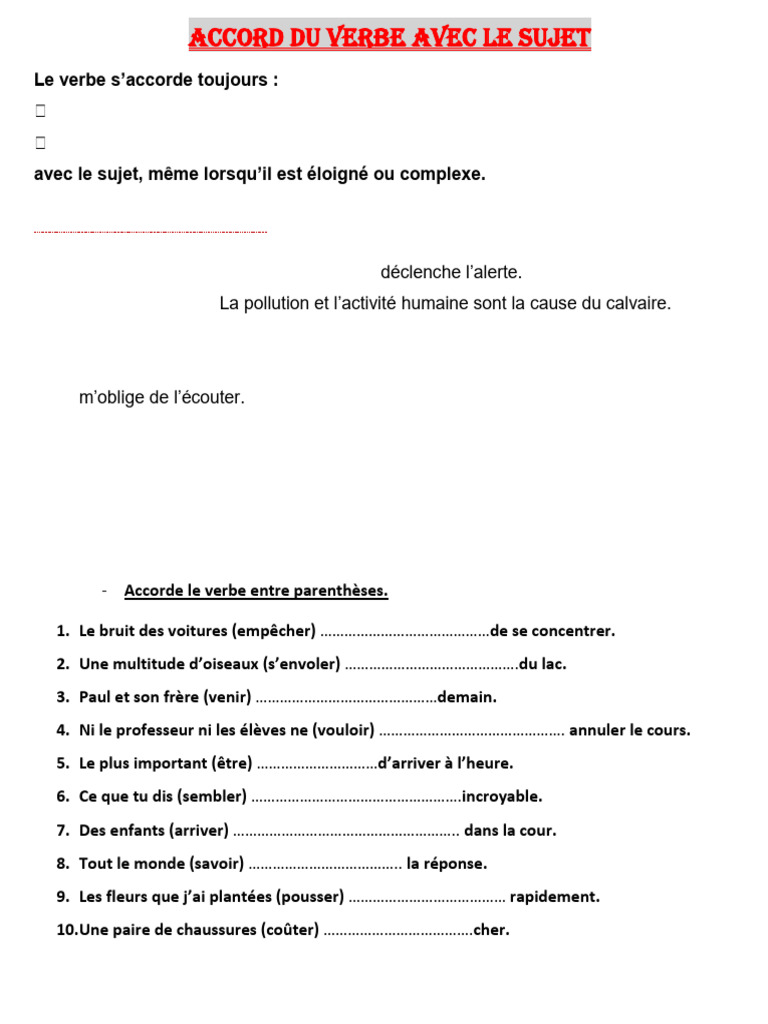 Accord du verbe avec le sujet en français | PDF | Genre grammatical ...