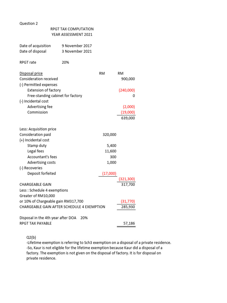 RPGT Tax Computation for Factory Disposal | PDF