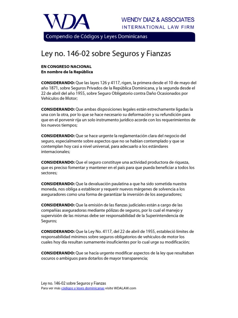 Ley 146 02 | PDF | Póliza de seguros | Reaseguro