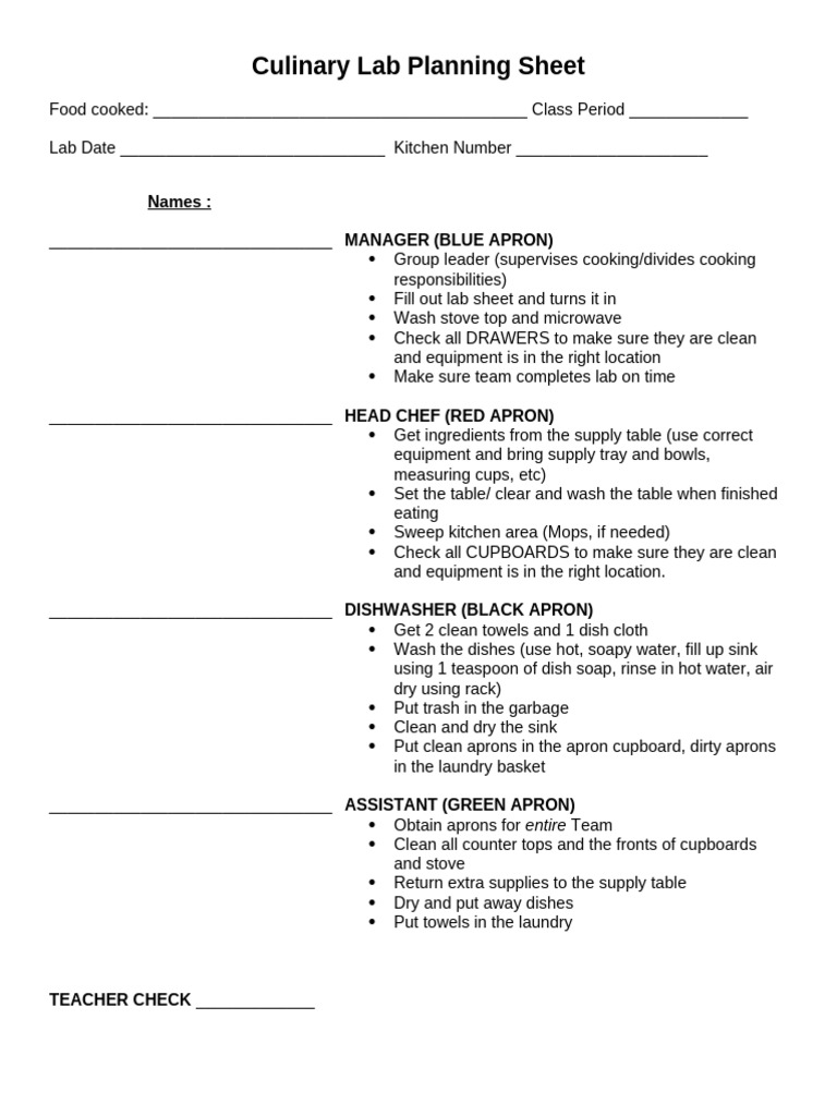 Culinary Lab Planning Sheet Template | PDF | Kitchen | Cooking