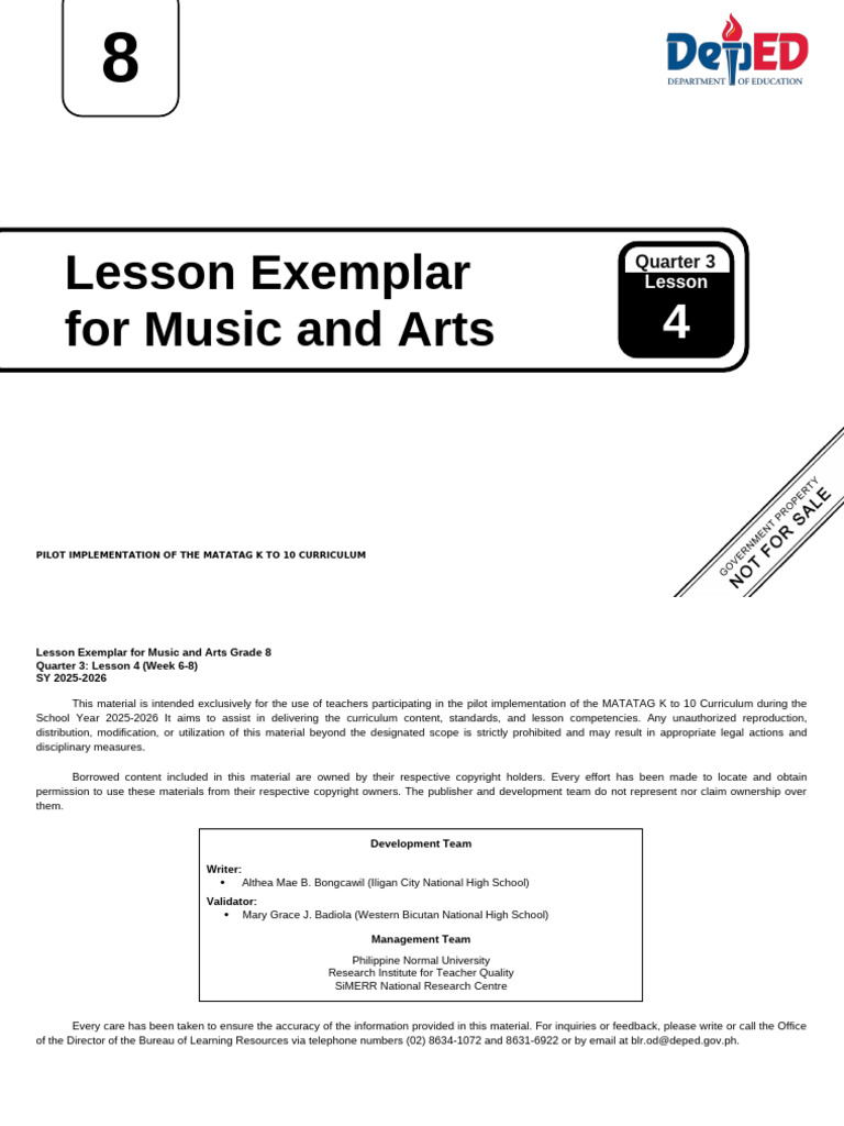 Q3_LE_Music and Arts 8_Lesson 4_Week 6-8 | PDF | Educational Assessment ...
