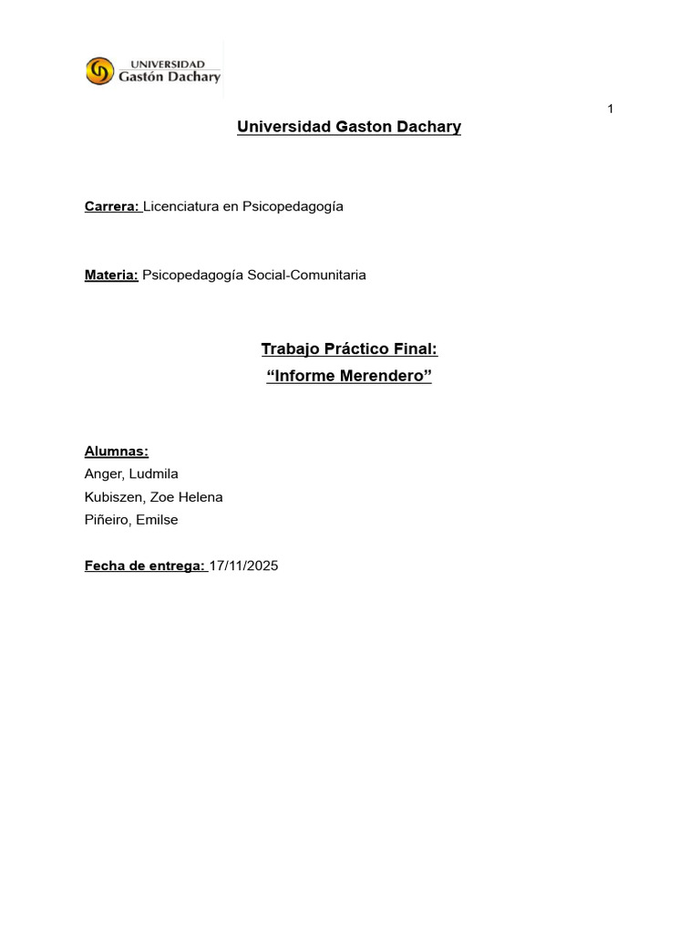 informe merendero - tp final | PDF | Psicología Educacional | Habilidades sociales