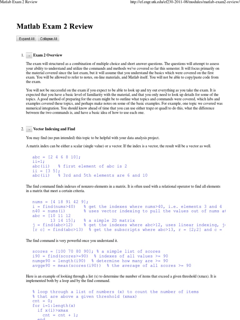 Matlab Exam 2 Review Matlab Pdf Integral Teaching Mathematics