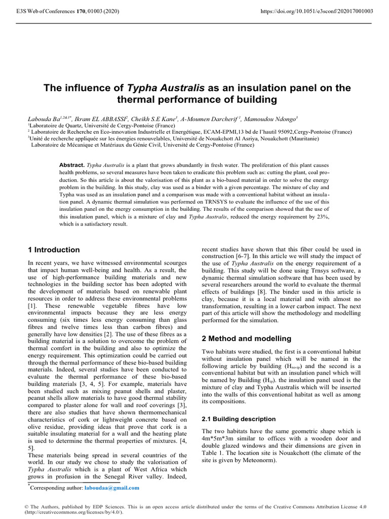 Ba-The influence of Typha Australis as an insulation panel on the ...