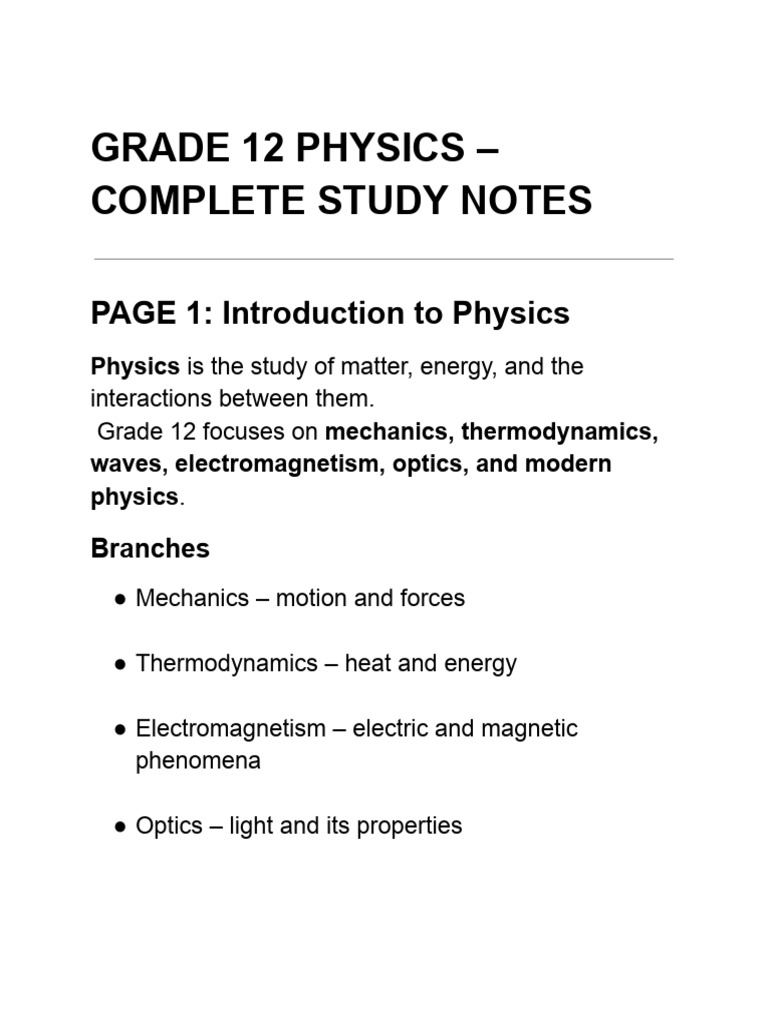 Grade 12 Physics Study Notes Guide | PDF | Physics | Classical Mechanics