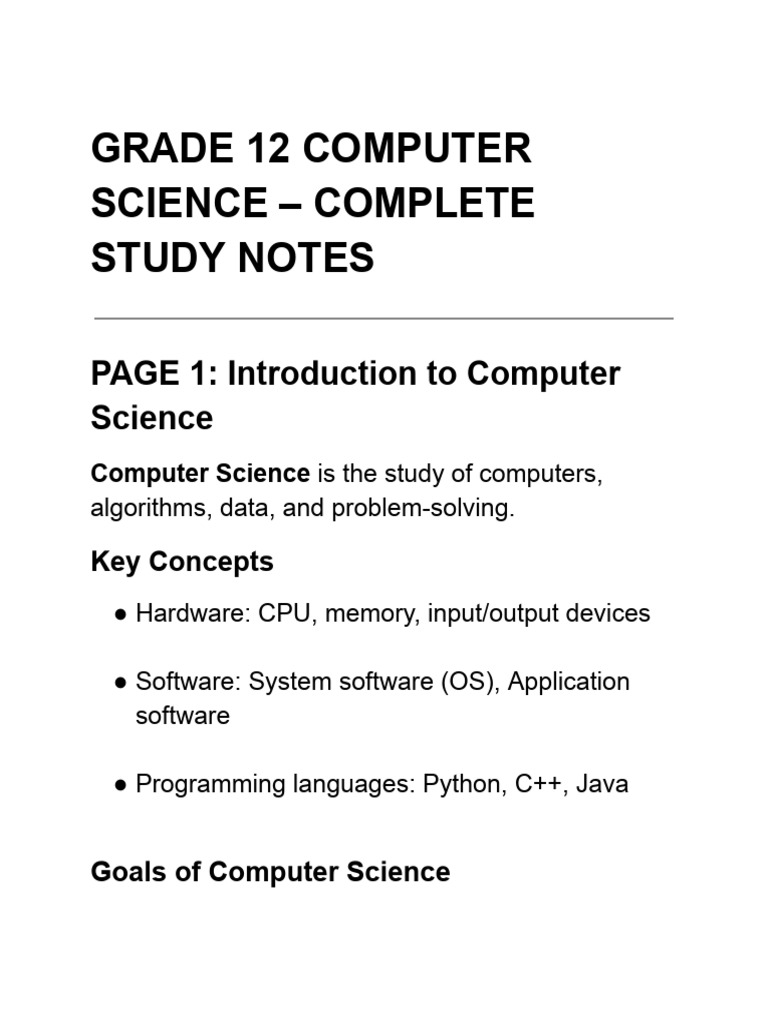 Grade 12 Computer Science Study Notes | PDF | Control Flow | Computer ...