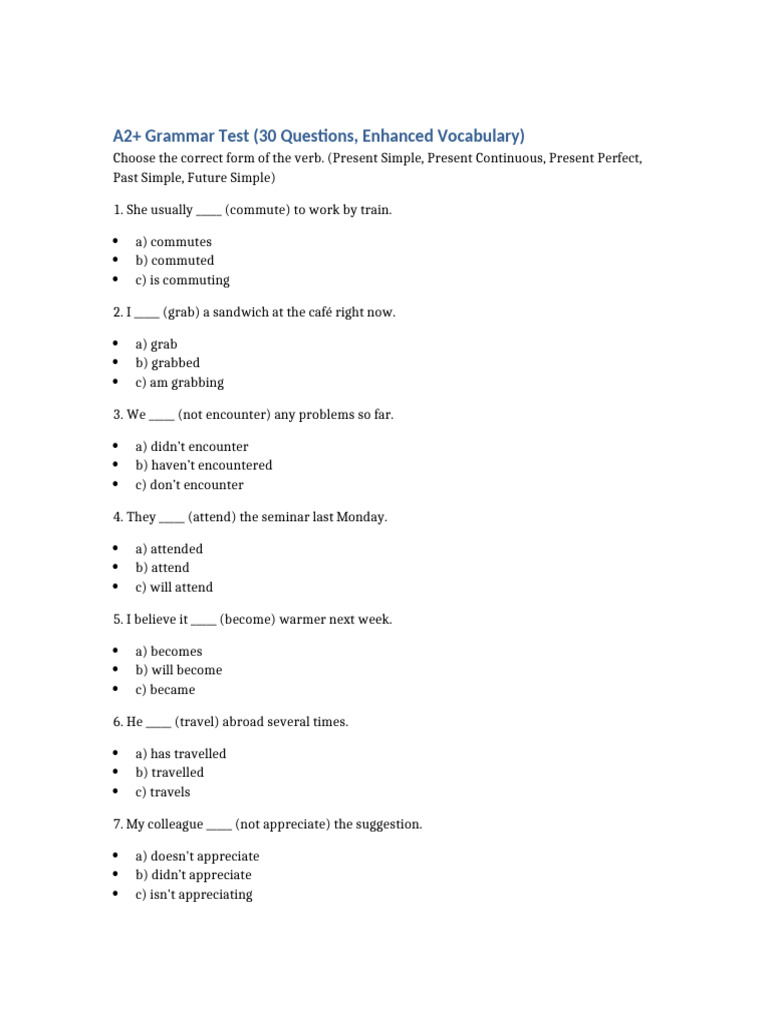 A2_Grammar_Test_Enhanced_30_Questions | PDF | Chess Openings | Chess