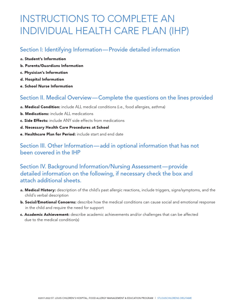 Individual Health Care Plan Instructions | PDF | Allergy | Food Allergy