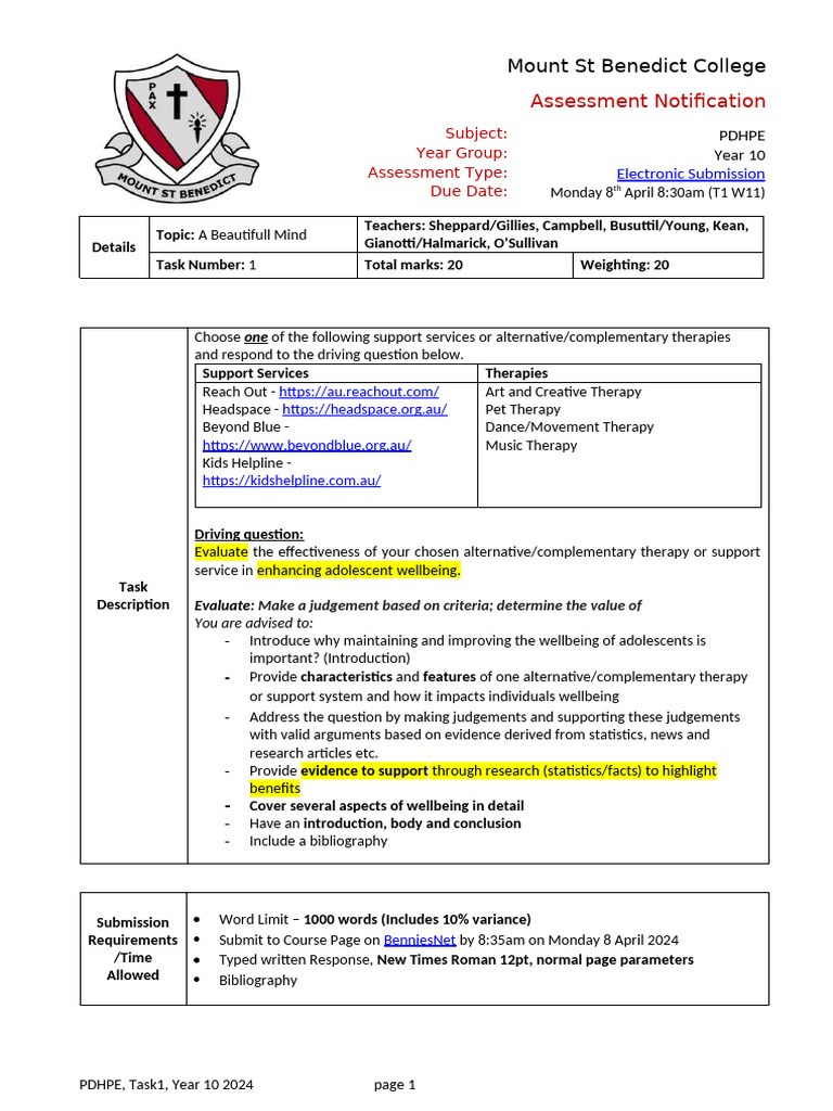 1.a Beautiful Mind Task 2024 | PDF | Well Being | Adolescence