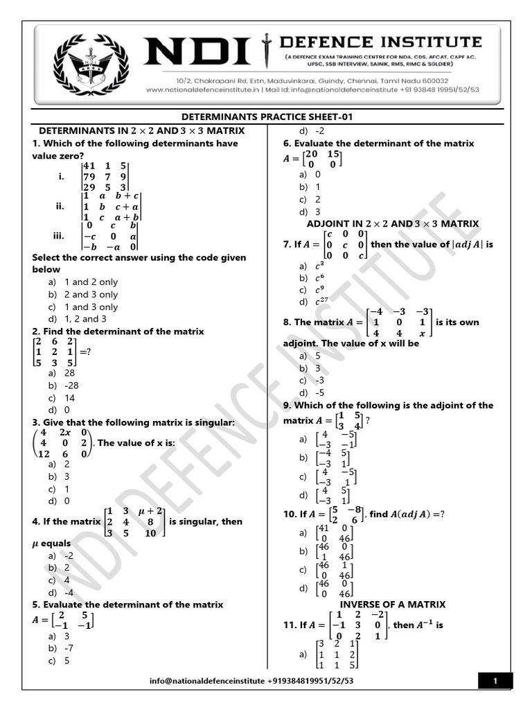 Determinants Practice Sheet-01 (Basics - Online) | PDF | Mathematical ...