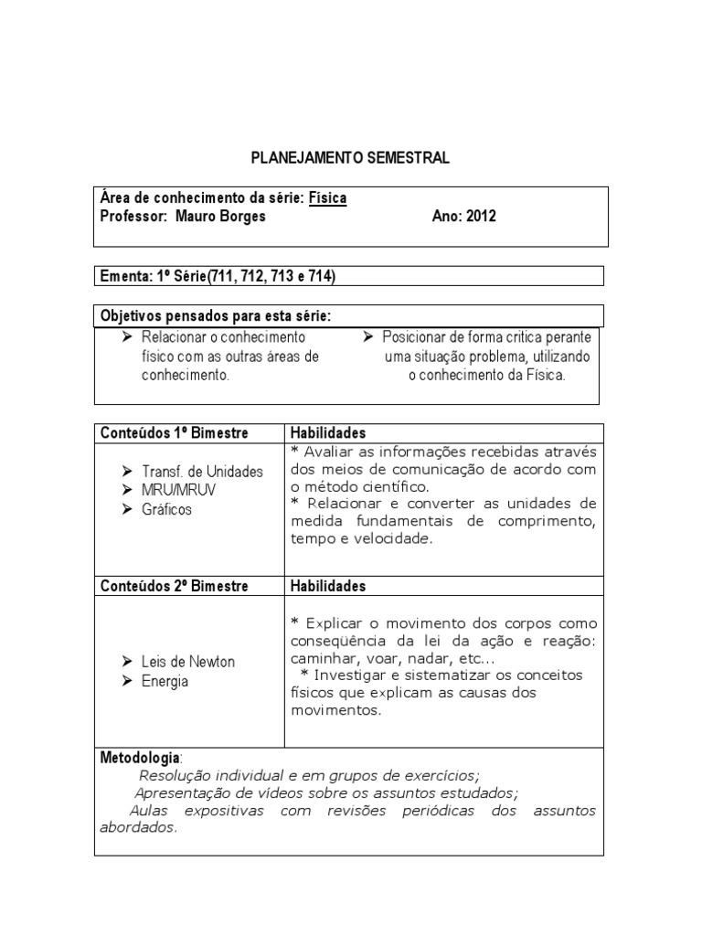 Modelo Planejamento Semestral | PDF | Física | Conhecimento