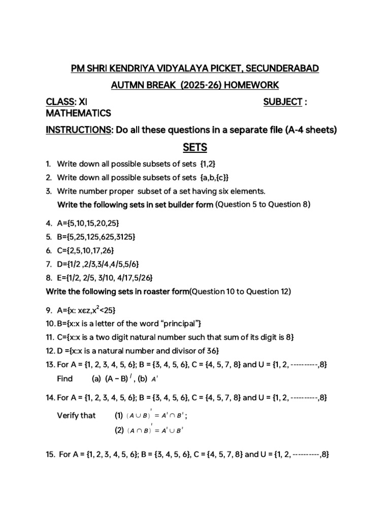 Class XI Mathematics Homework: Sets & Functions | PDF