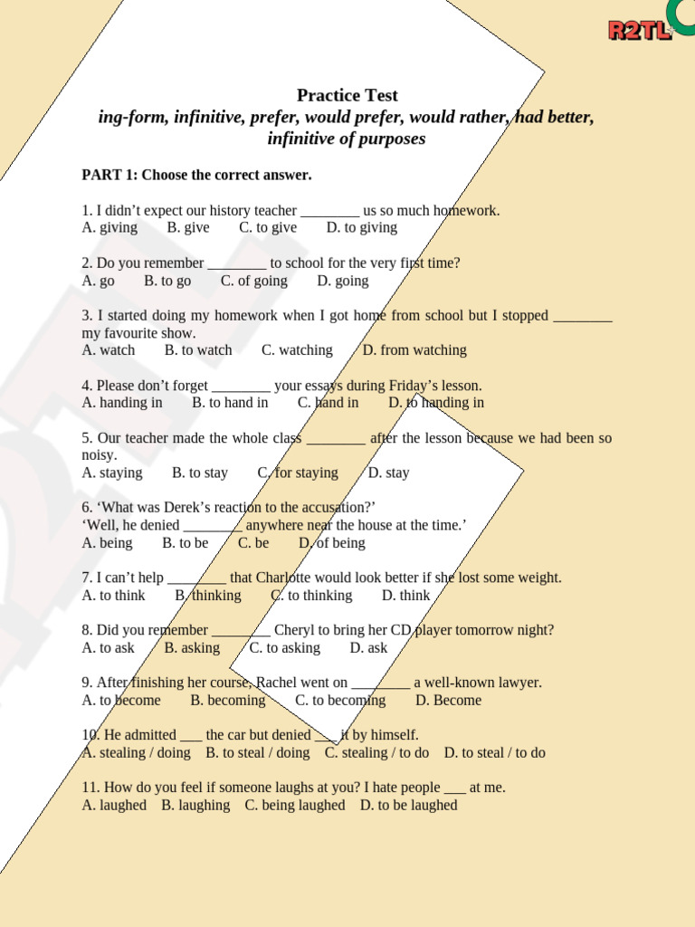 PRACTICE TEST - Ing-Form, Infinitive, Prefer, Would Prefer, Would ...