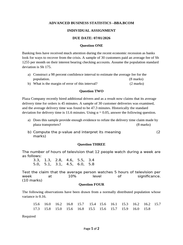 Advanced Business Statistics Assignment | PDF | Weighted Arithmetic ...