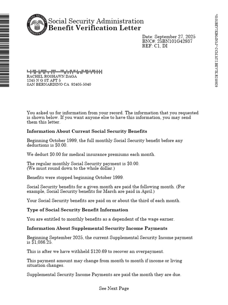 Benefit Verification Letter | PDF | Social Security (United States ...