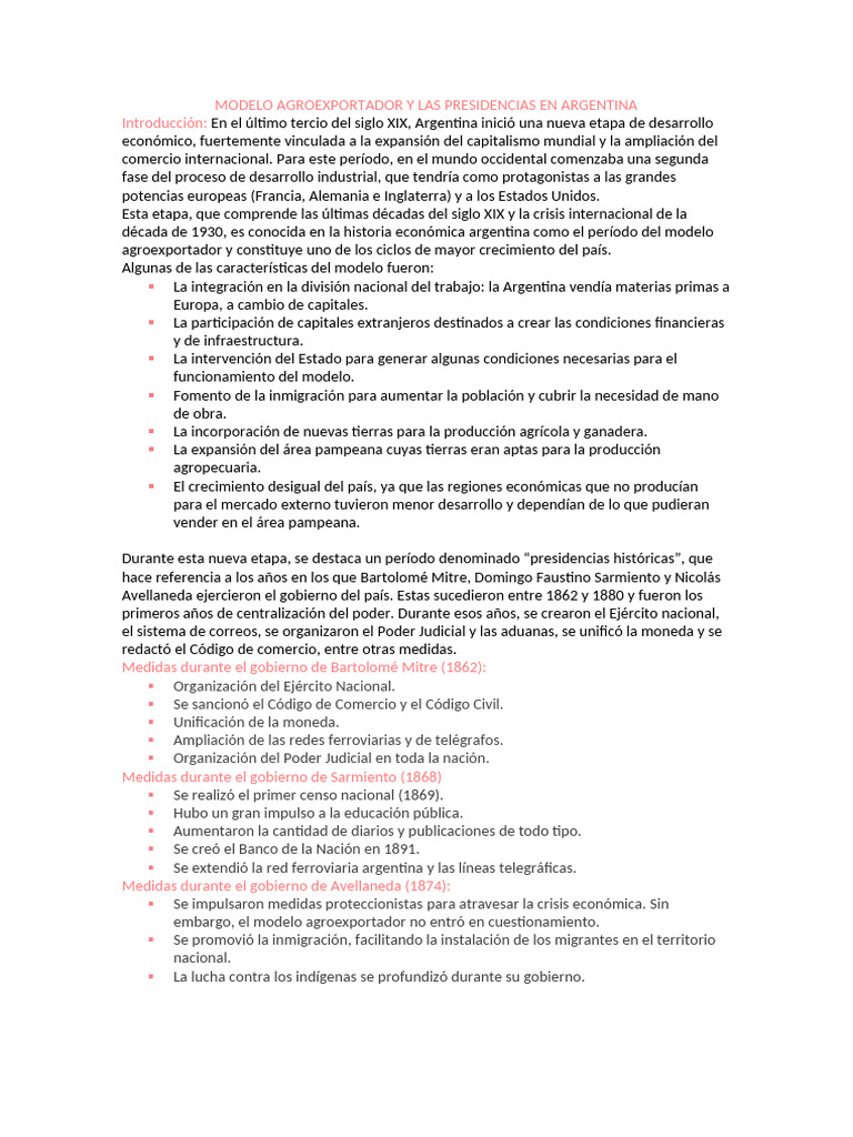 Informe Economía: Modelo Agroexportador | PDF | Argentina | Economias