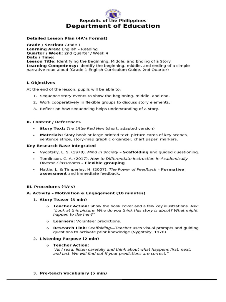 Grade 1 English Lesson Plan: Story Sequencing | PDF | Differentiated ...