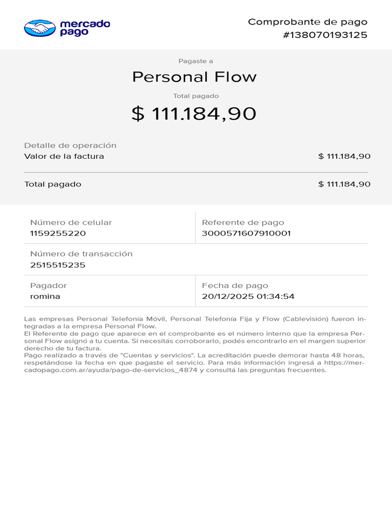 Comprobante de Pago a Personal Flow | PDF