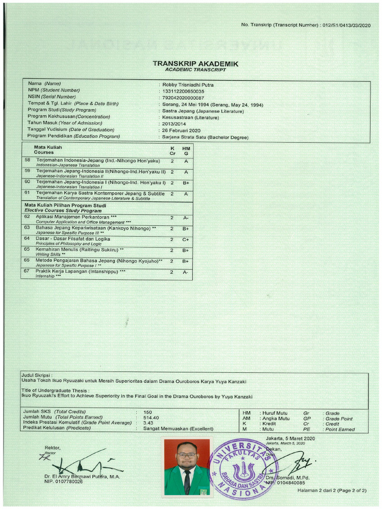 Academic Transcript - Robby Trisniadhi Putra | PDF