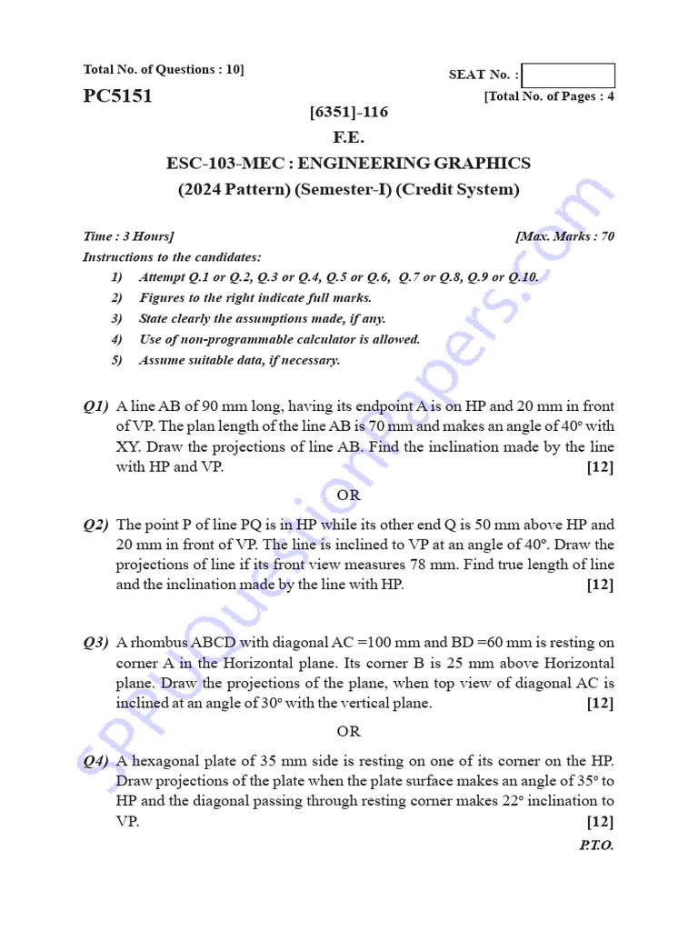 Be First Year Fe Engineering Semester 1 2024 November Engineering Graphics Pattern 2024 | PDF ...