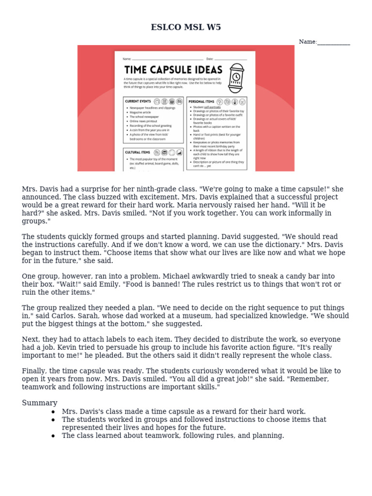ESLCO MSL W5 - The Time Capsule Project | PDF | Vocabulary | Verb