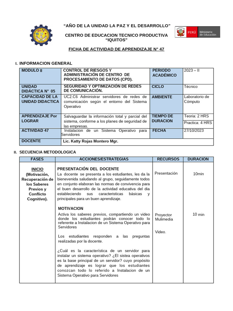 Ficha de Actividad de Aprendizaje N° 47-Katty Rojas M. 27-10-23 | PDF ...