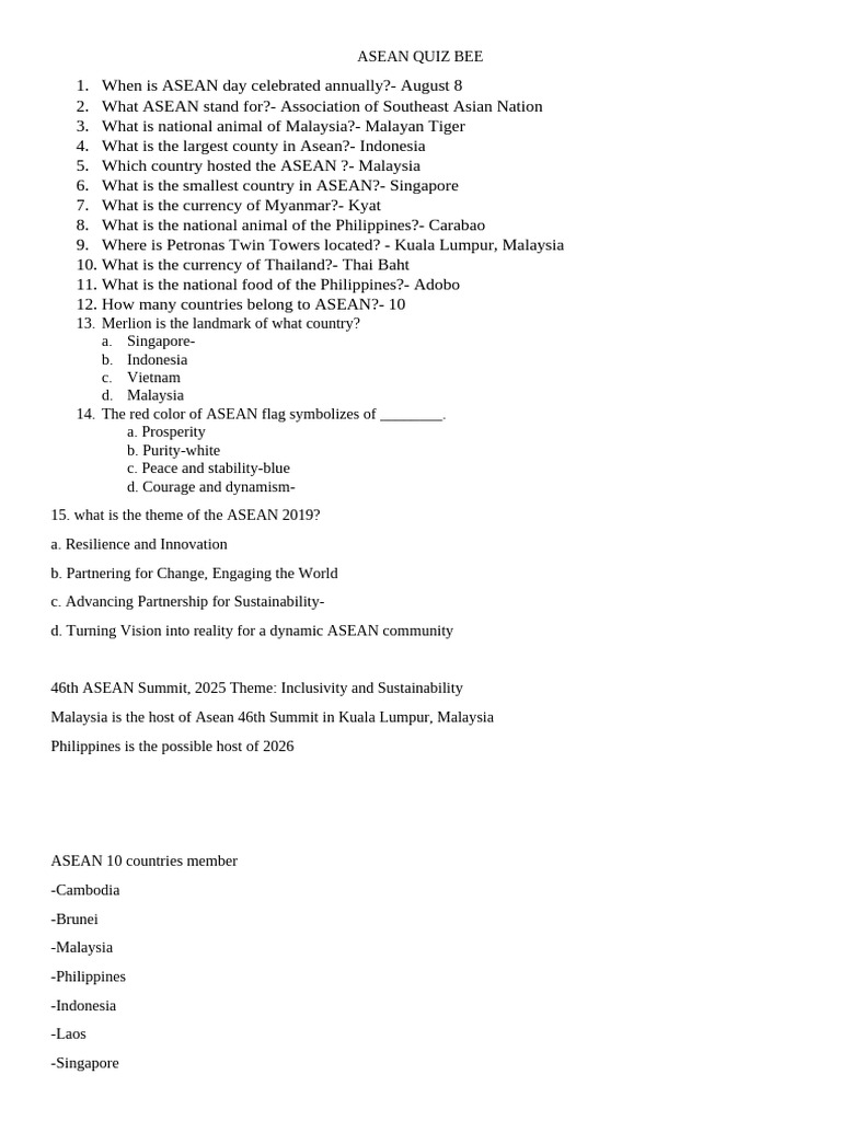 Asean Quiz Bee | PDF