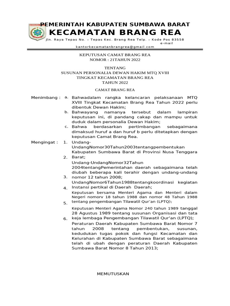 Susunan Dewan Hakim MTQ XVIII Brang Rea | PDF