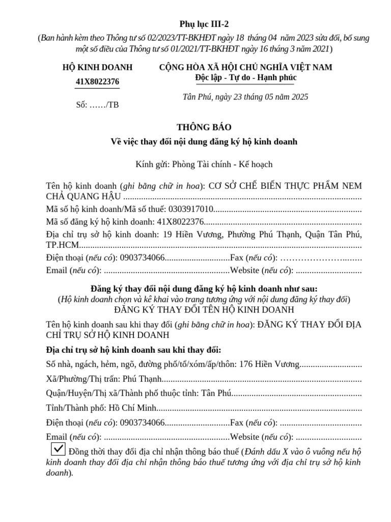 Thong Bao Thay Doi Kd Tt02 2023 | PDF