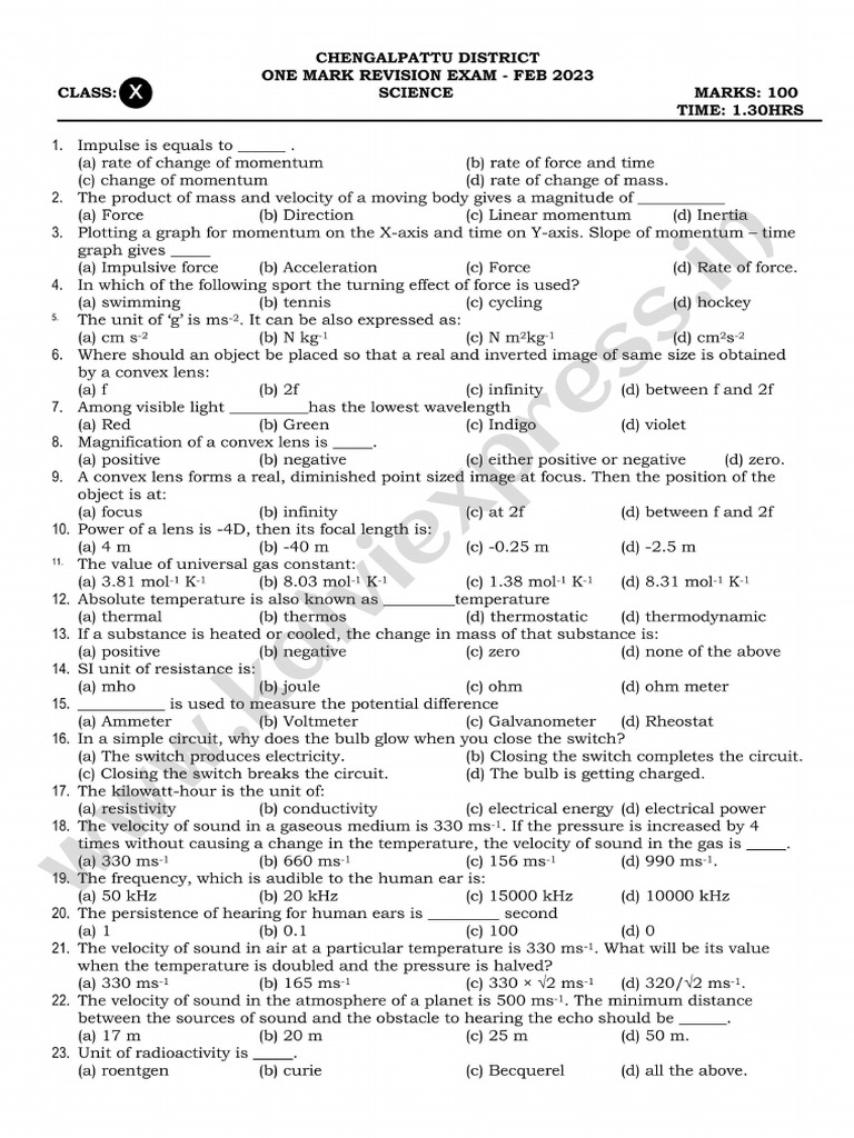 10Th Science One Mark Test Full PortionRevision Question Paper EM | PDF