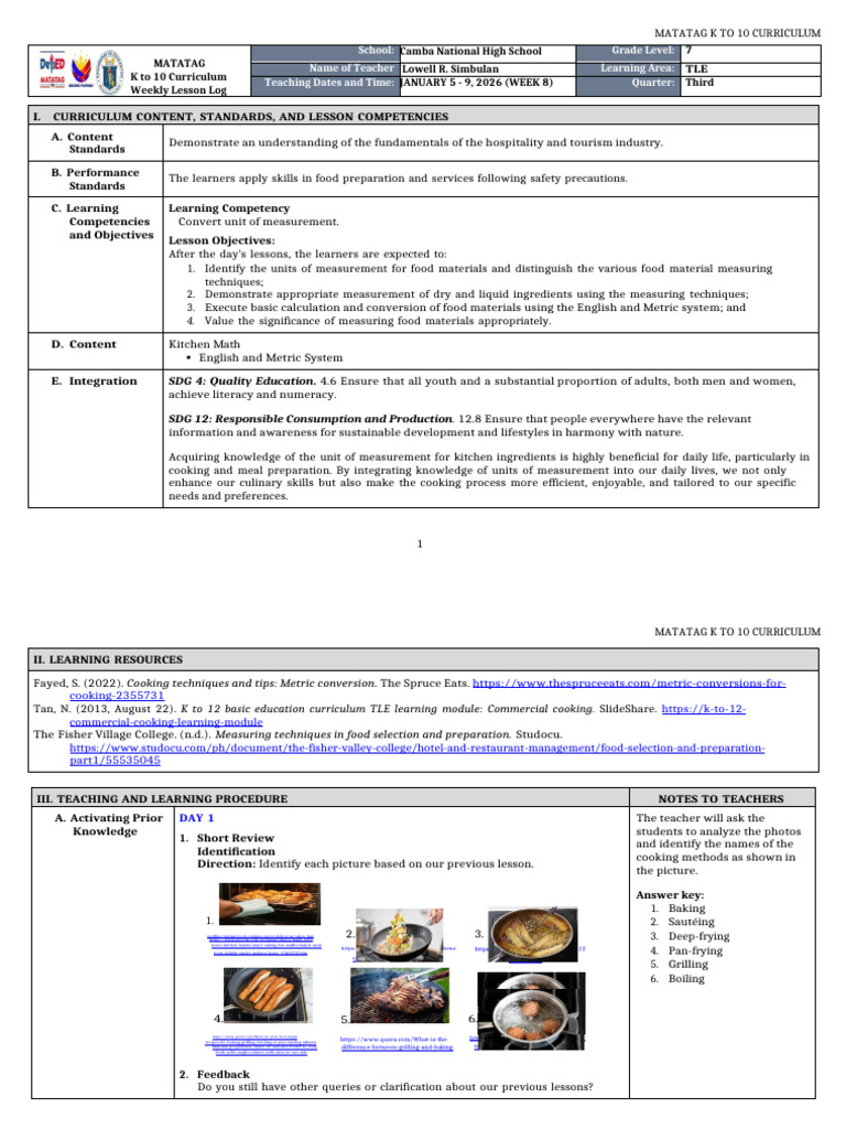 TLE 7 Q3 W8 | PDF | Tablespoon | Teaspoon