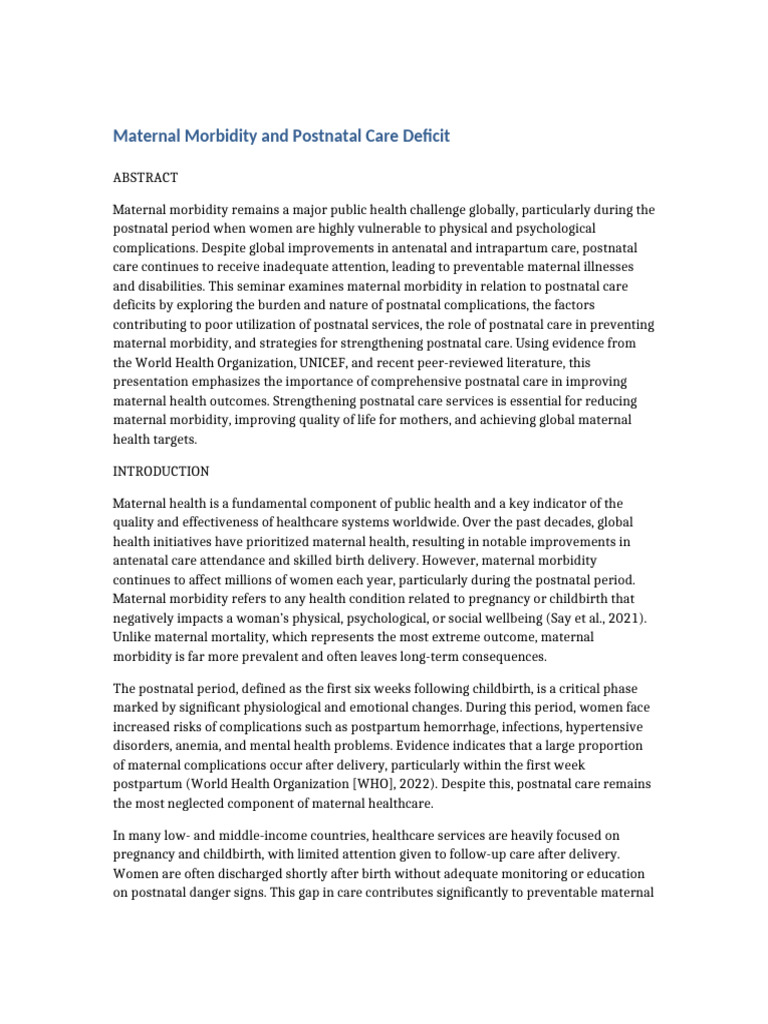 Maternal Morbidity and Postnatal Care Deficit APA-20 | PDF | Maternal ...