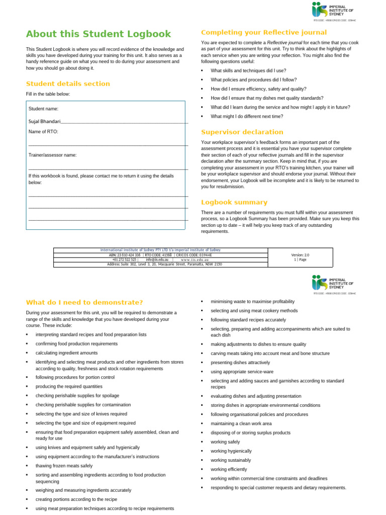 Student Logbook for Culinary Training | PDF | Cooking | Beef